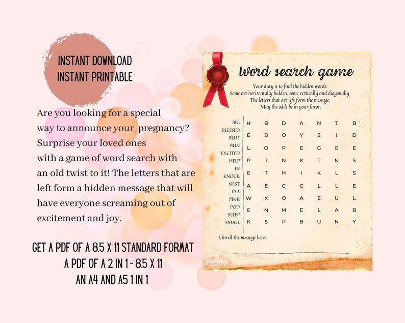 Pregnancy Announcement Game - Baby Word Search Printable, Word Puzzle ...
