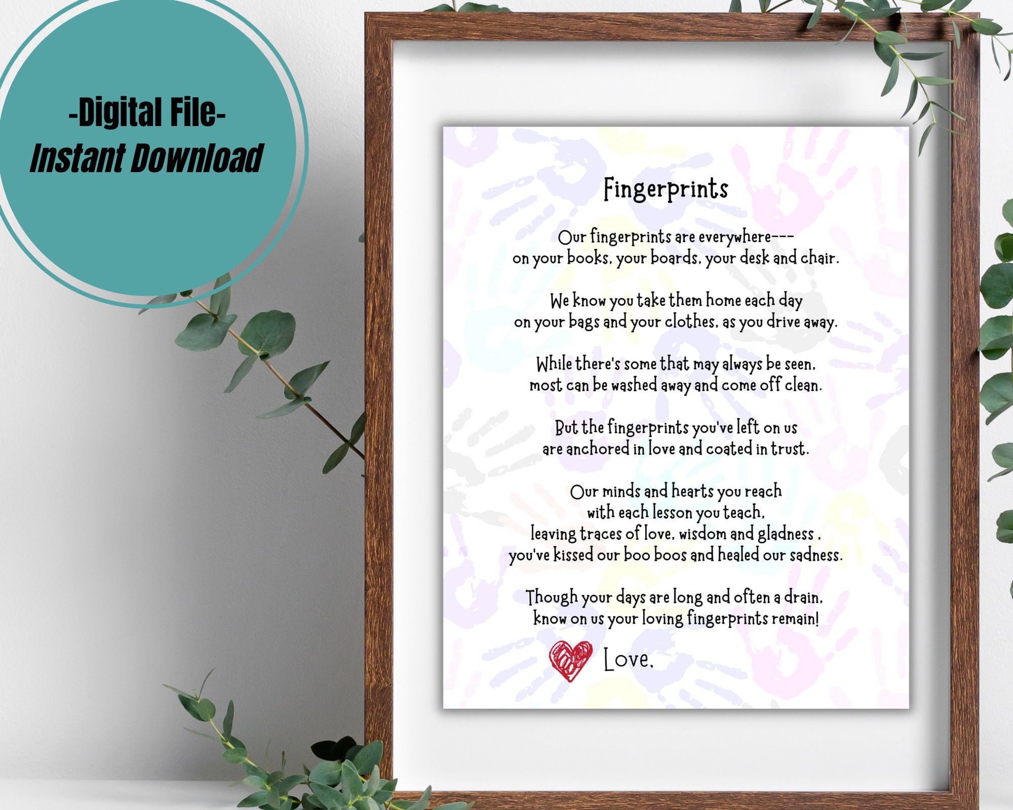 Instant Download Printable Fingerprints Teacher Appreciation Gift ...