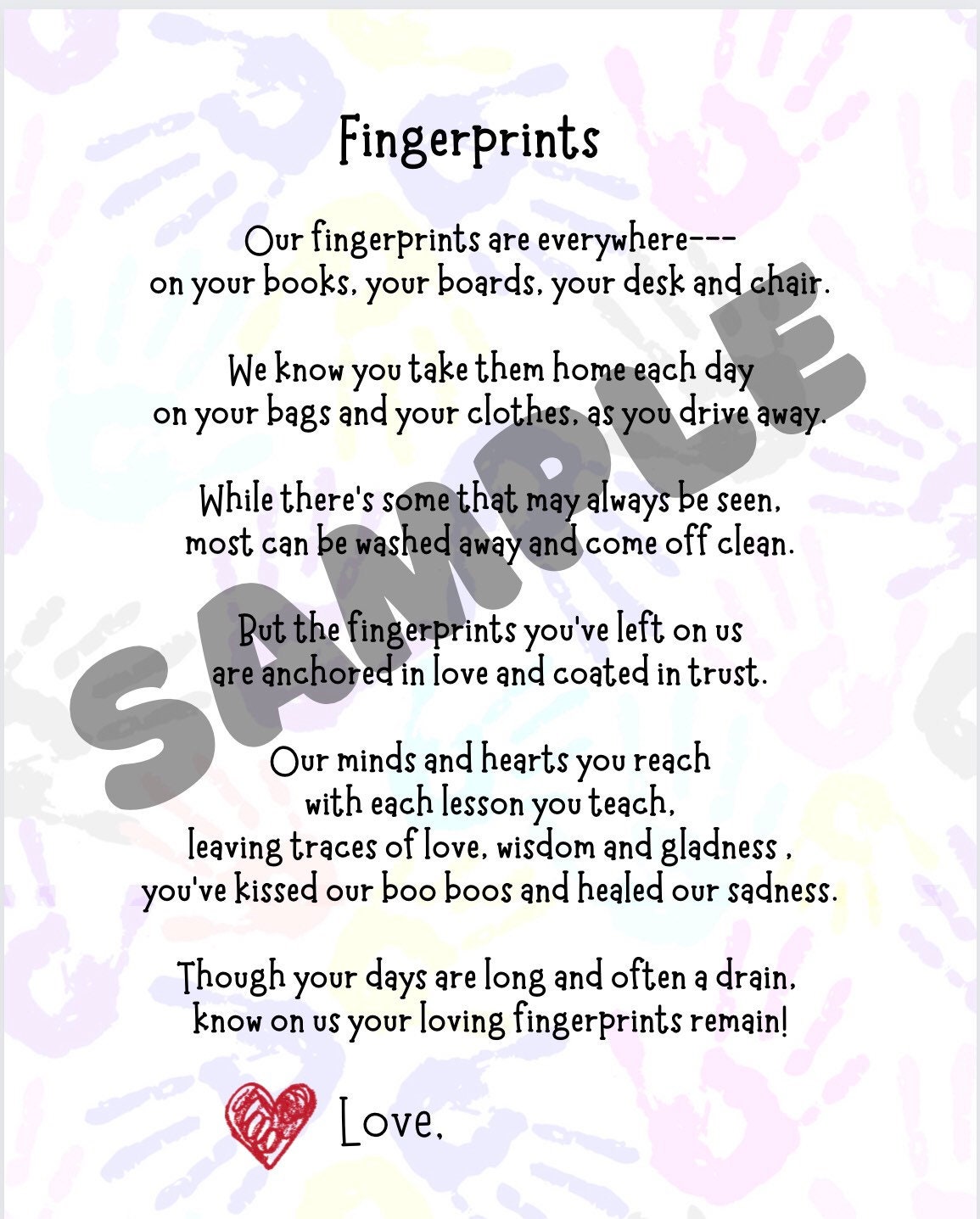 Fingerprint Teacher Appreciation Poem, Printable Gift (digital Download ...