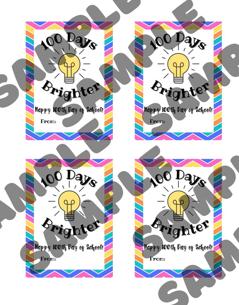 Instant Download 100 Days Brighter Glow Stick Card, Kids Printable Tag ...