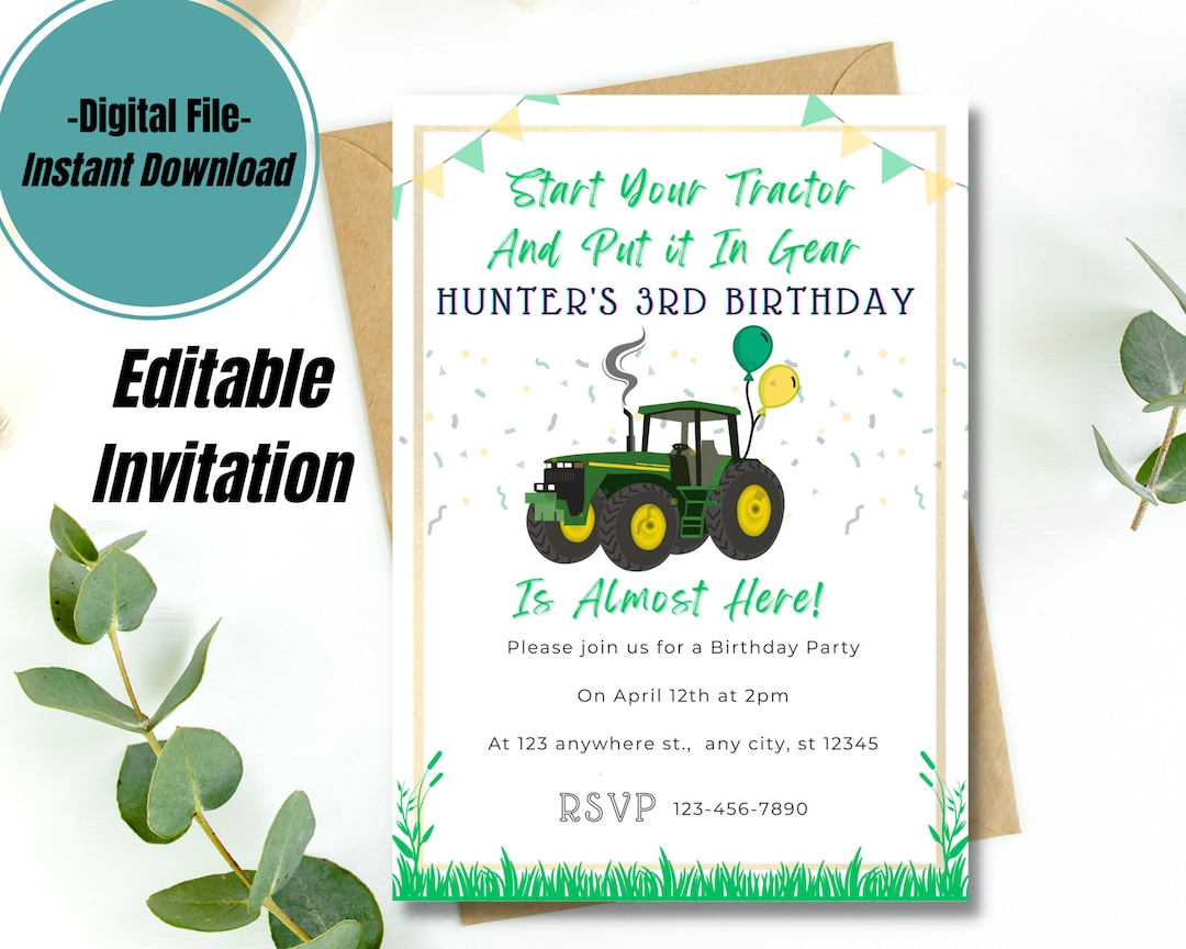 Editable Kids Tractor Birthday Invitation, Green Tractor Invite ...