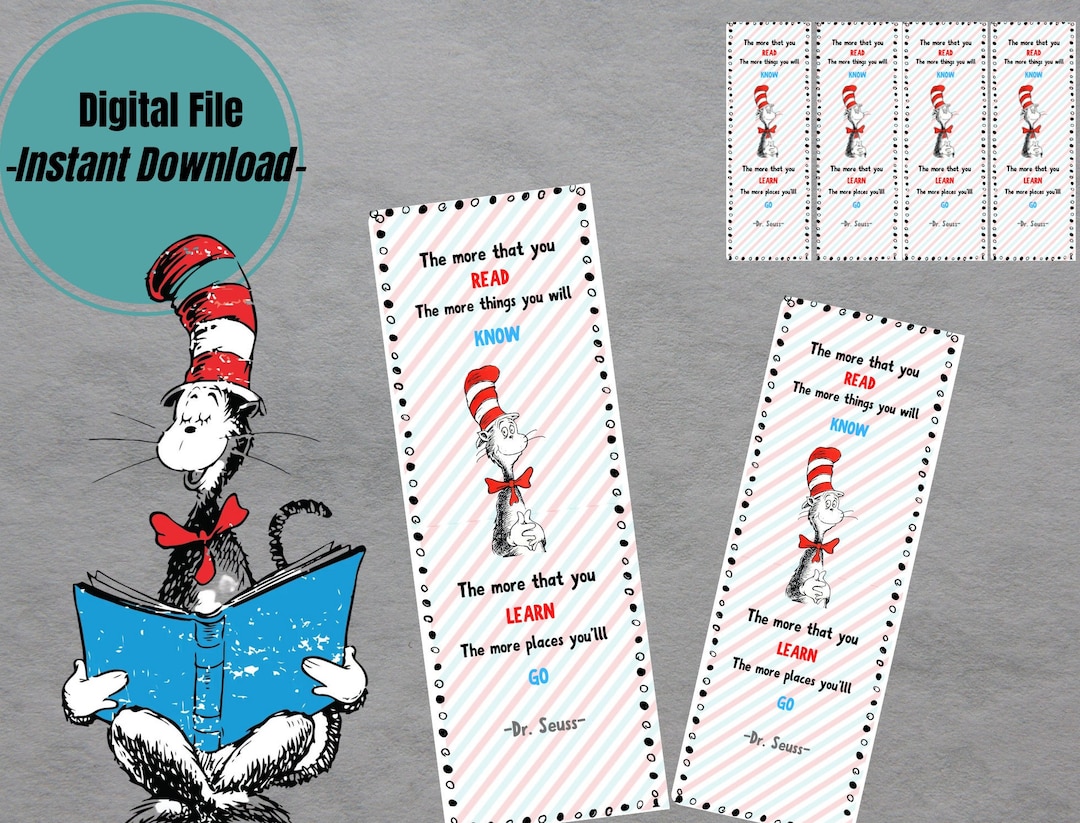 Instant Download Cat in the Hat Kids Bookmark, Dr. Seuss Student ...