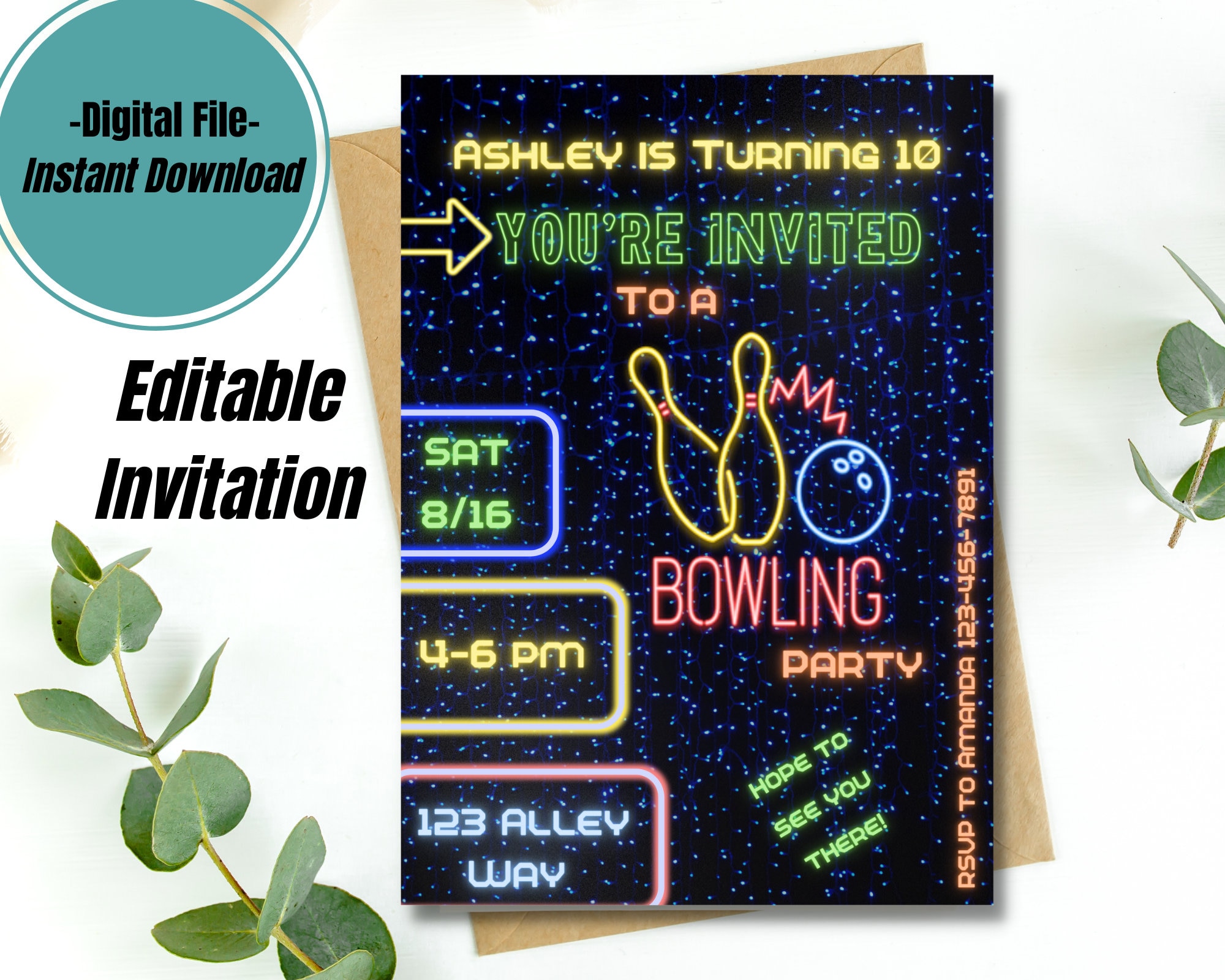 Editable Kids Bowling Birthday Party Invitation, Printable Bowling ...