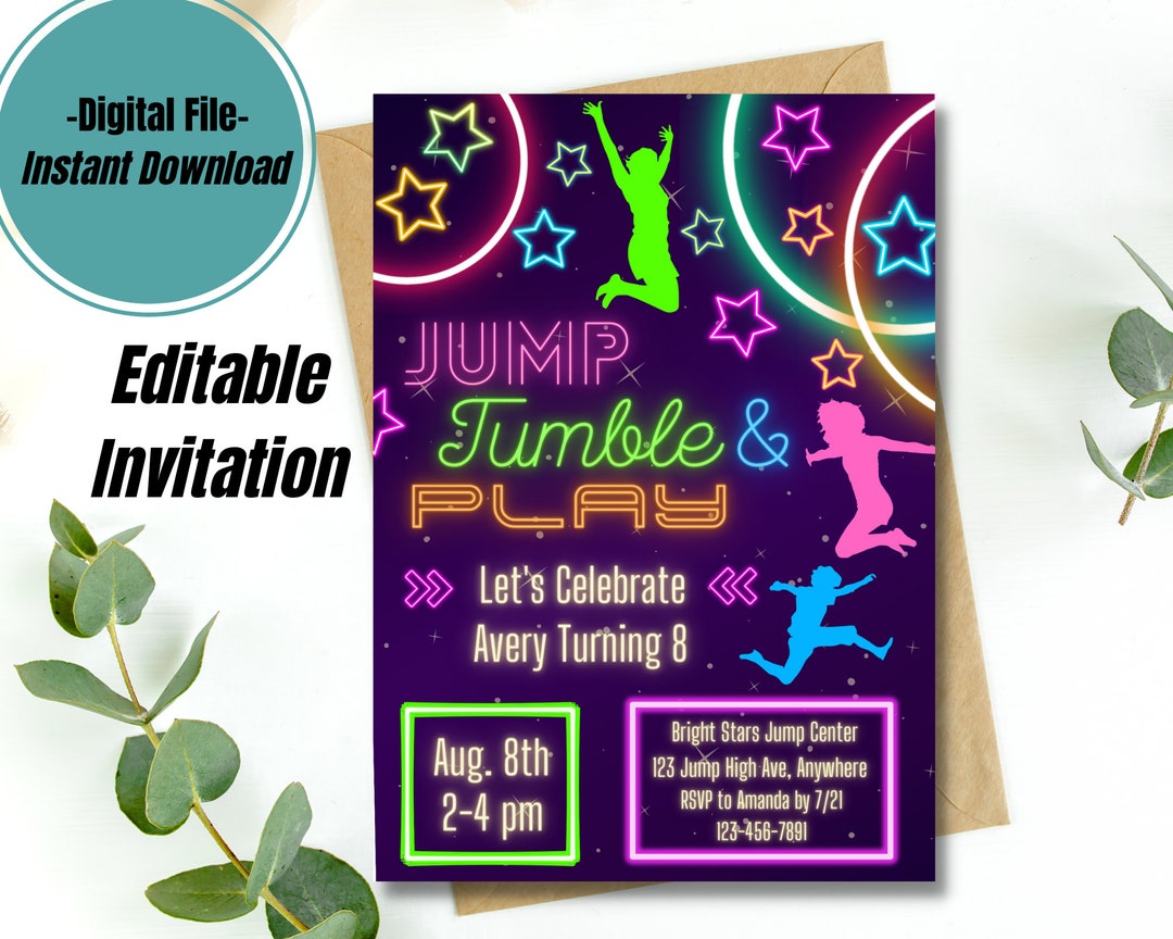 Editable Kids Jump Birthday Invitation, Trampoline Park Party Template ...