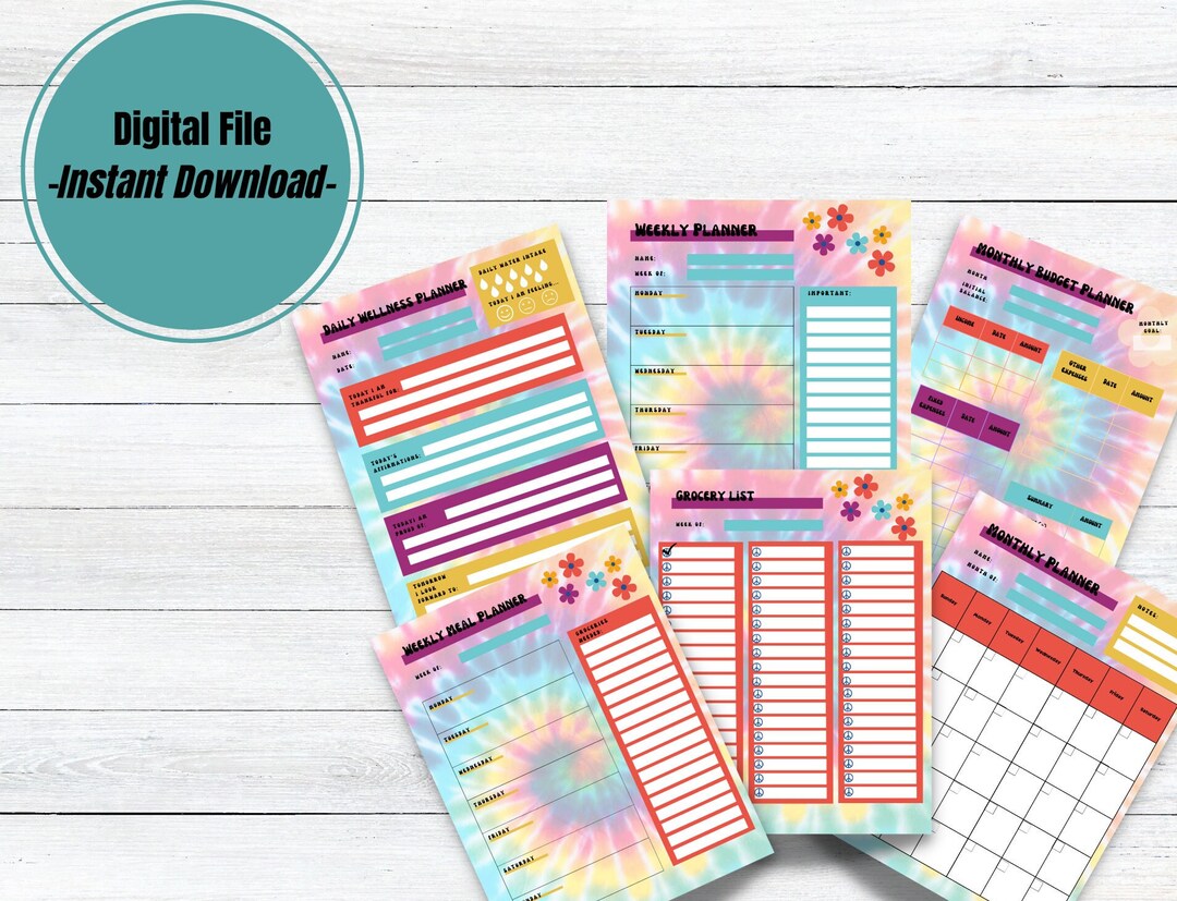 Instant Download Colorful Tie-dye Planner, Funky Groovy Calender ...