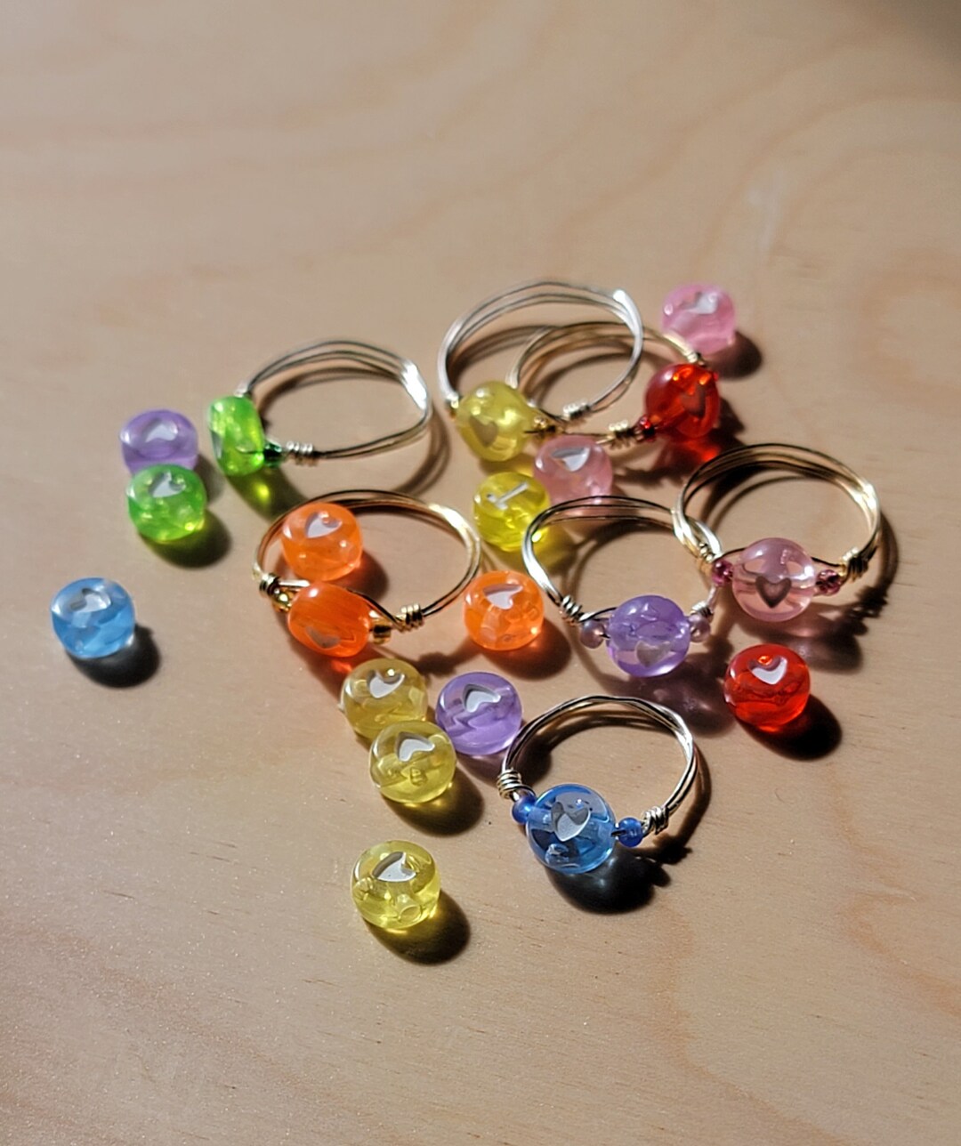 Colorful Heart Rings Handmade Wire Wrapped Crystal Rings Dainty Heart ...