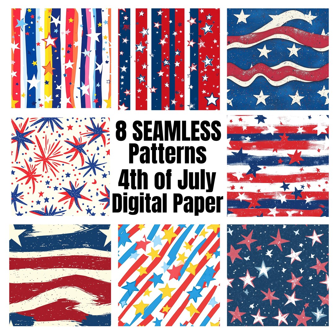 4th of July Digital Papers 8 Patterns PNG Printable Paper Seamless ...