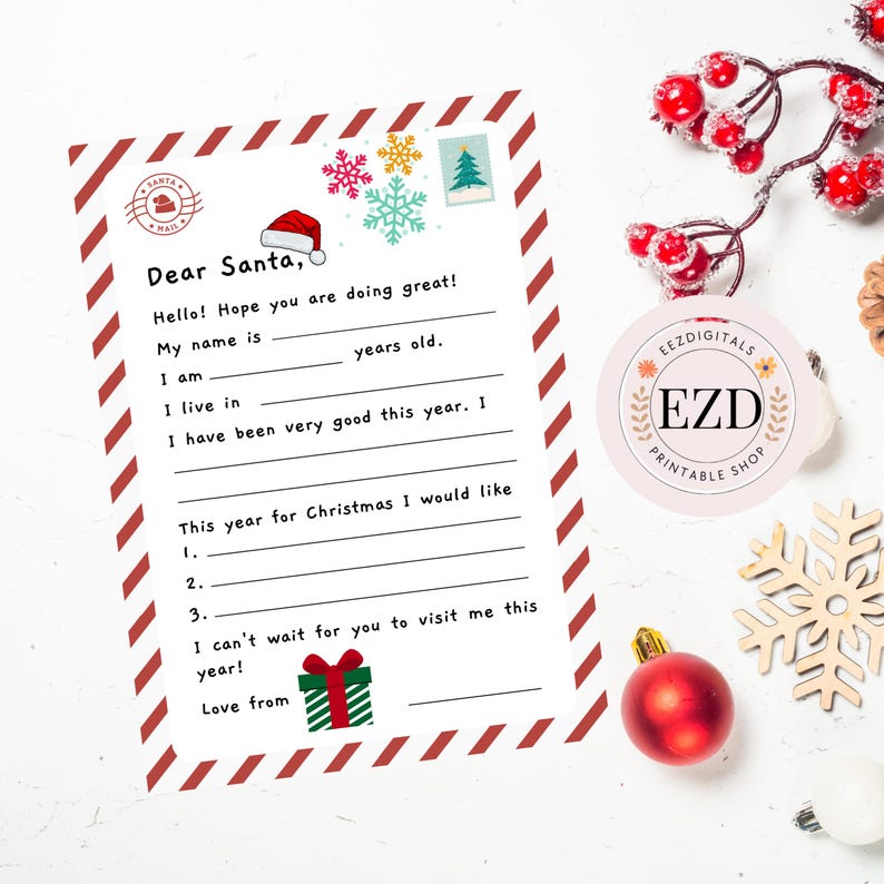 Printable Letter to Santa Instant Download Wish List for Kids Christmas ...