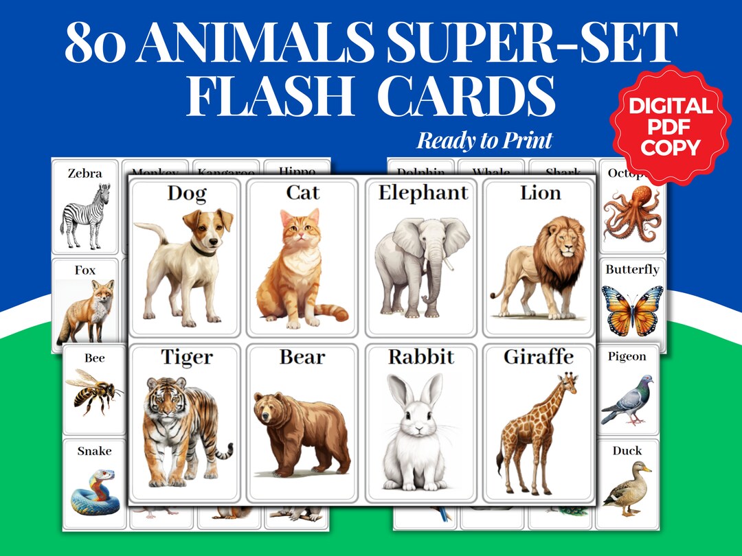 ANIMALS SUPERSET Printable 80-pack Montessori Cards, Kids Children ...
