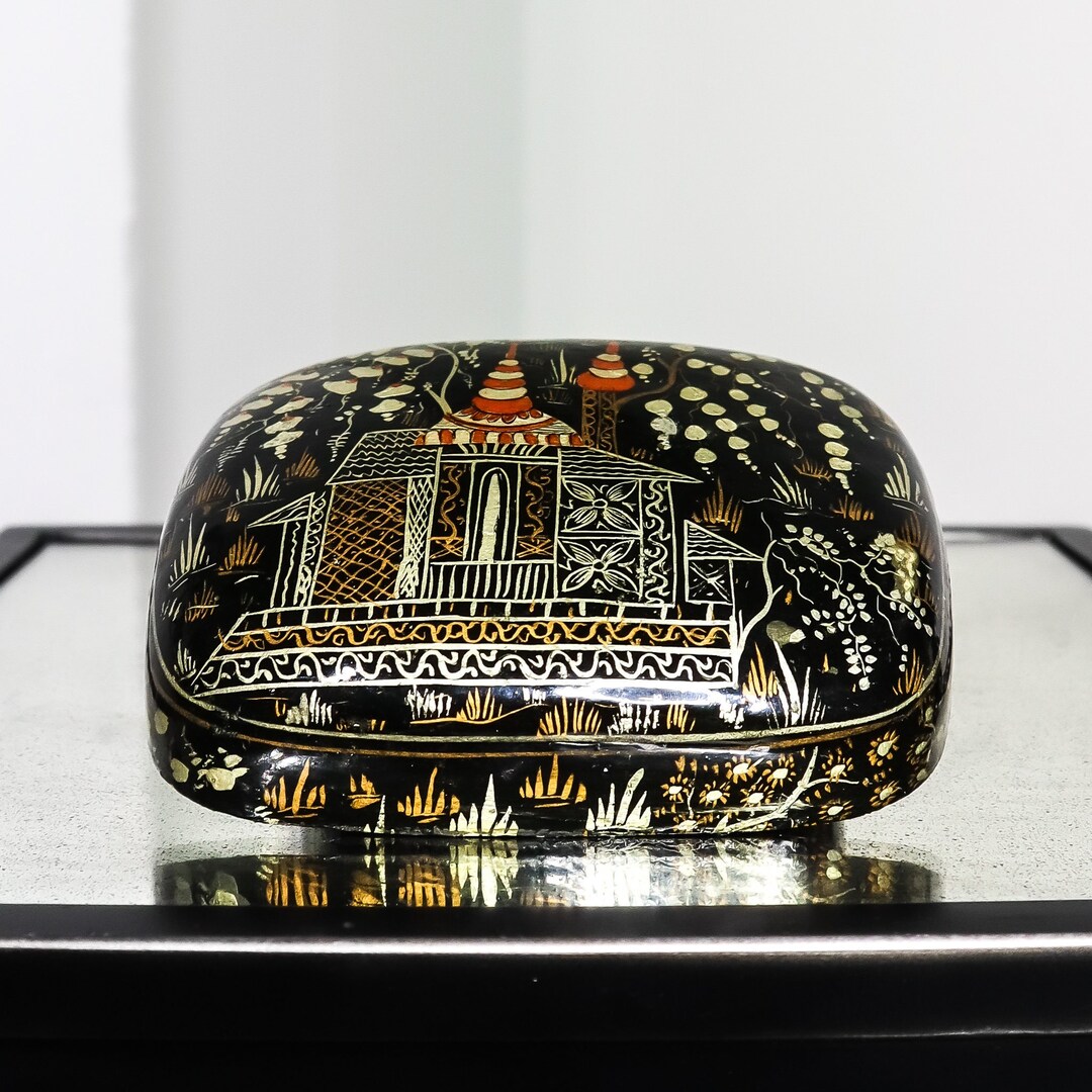 Painted Wooden Kashmir Trinket Box Made in India Black and Gold Lacquer ...