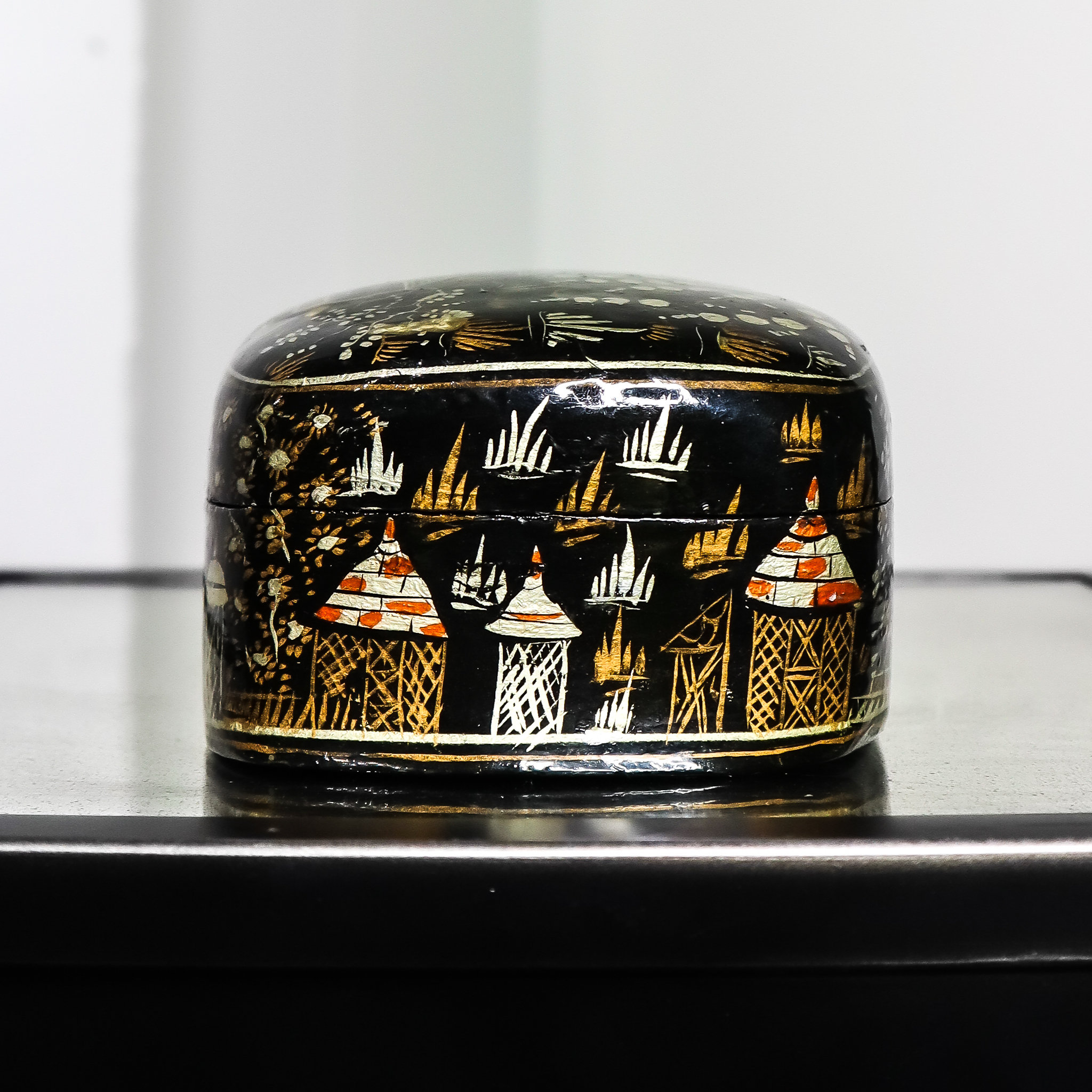 Painted Wooden Kashmir Trinket Box Made in India Black and Gold Lacquer ...
