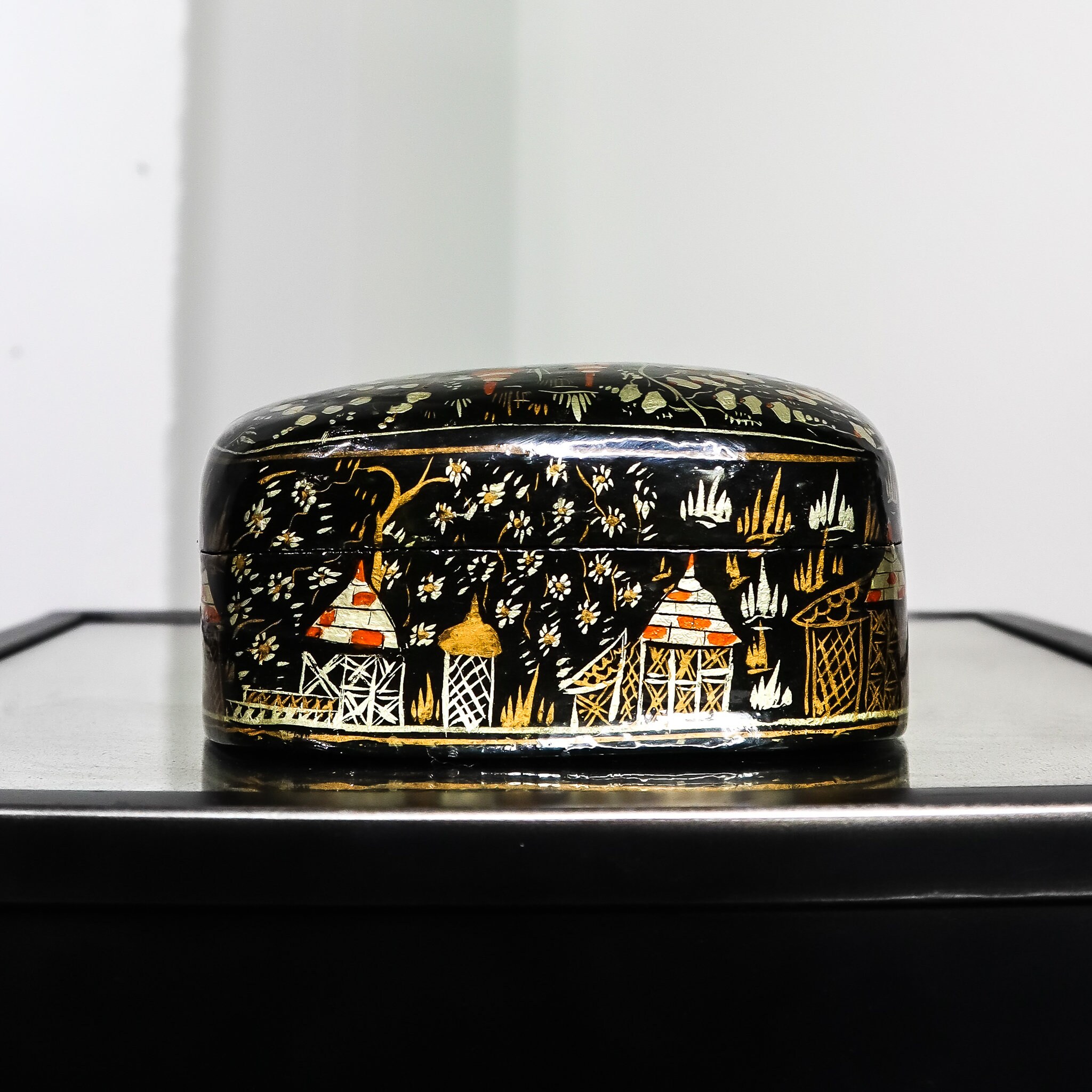Painted Wooden Kashmir Trinket Box Made in India Black and Gold Lacquer ...