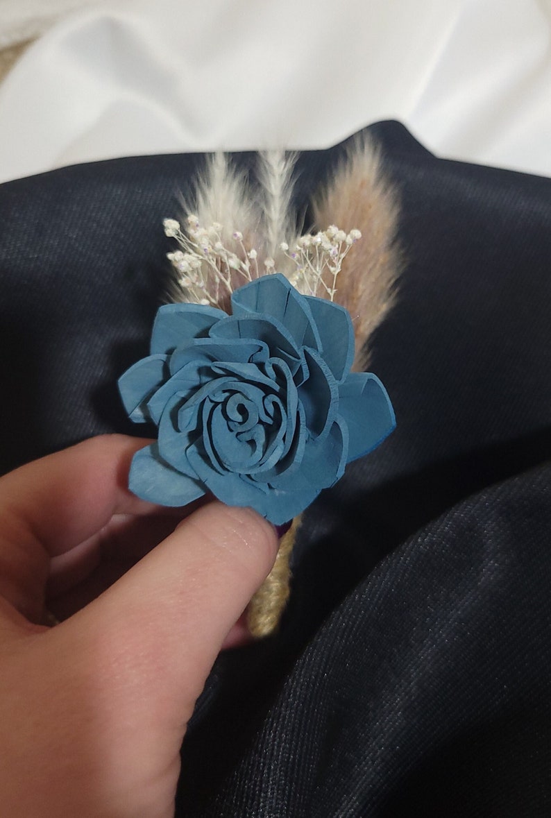 Navy Blue Aurora Wood Flower Boutineer Boho Wedding - Etsy