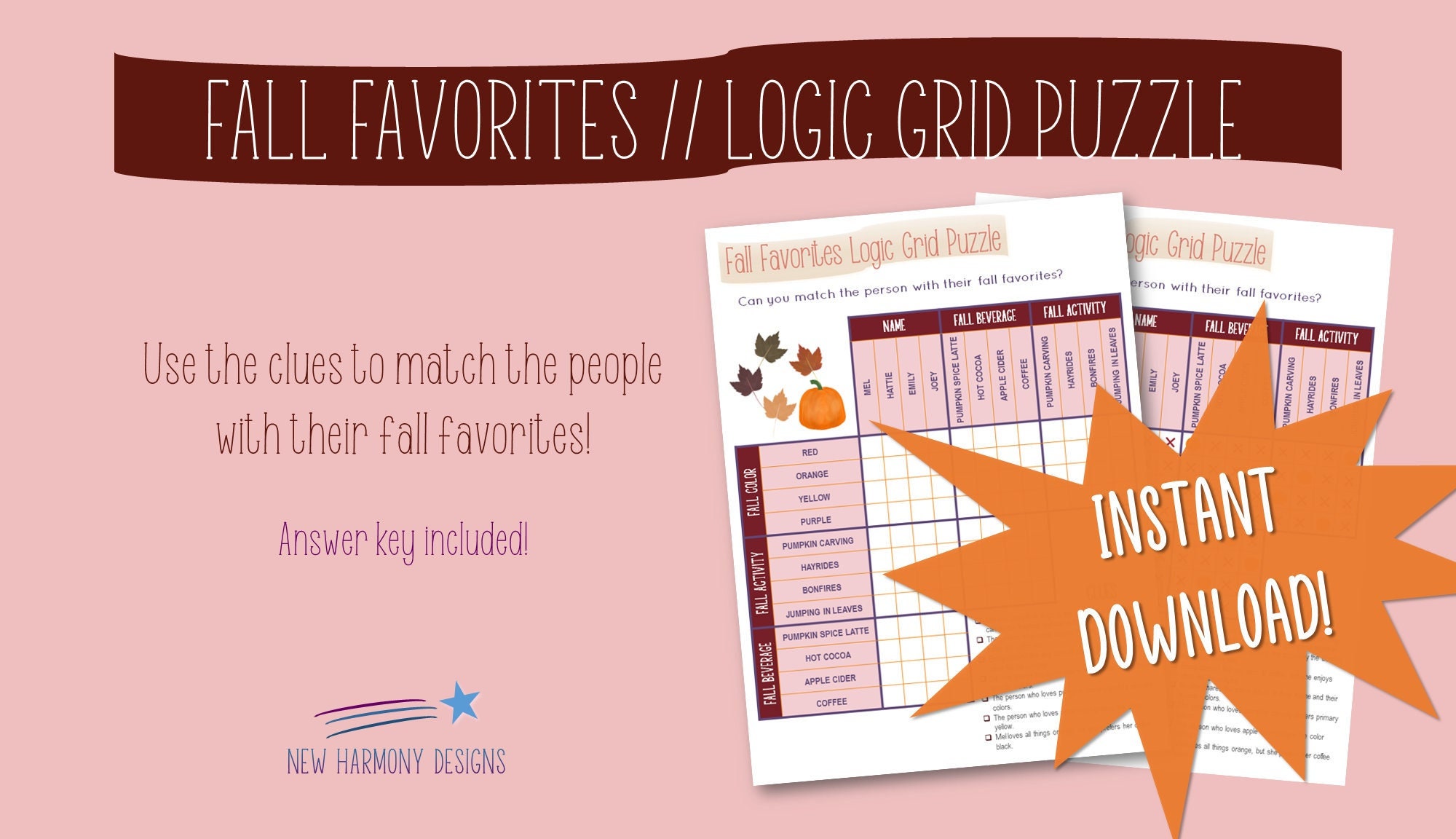 Fall Favorites // Logic Grid Puzzle // Digital Download - Etsy