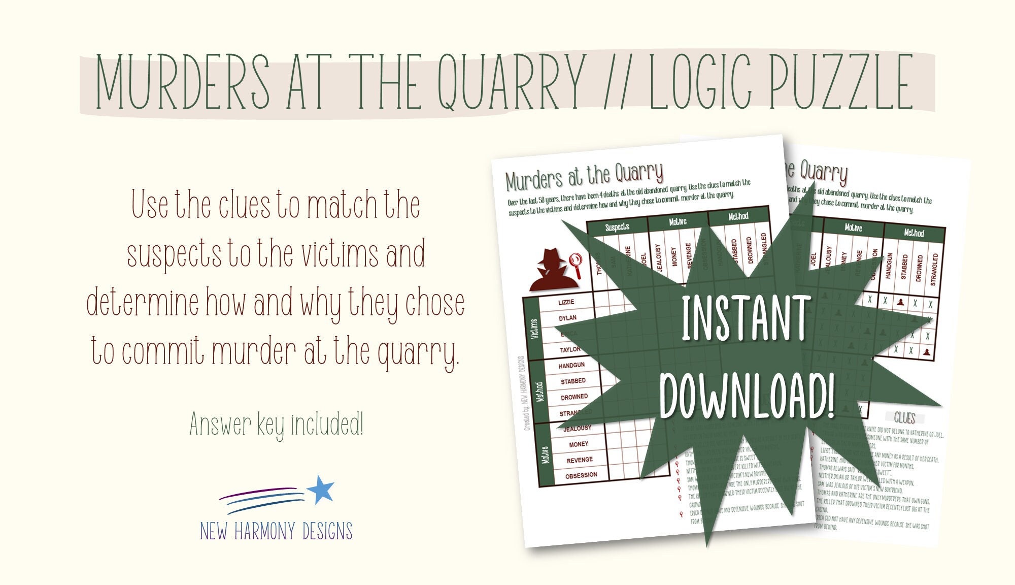 Murders at the Quarry Logic Puzzle // Murder Mystery // Digital ...