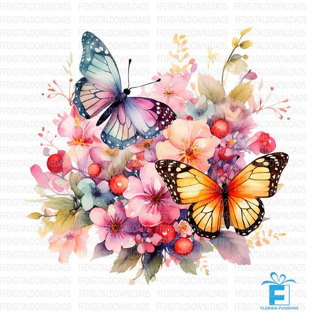 Butterfly and Flowers Clipart Bundle, 7 High-quality Watercolor ...