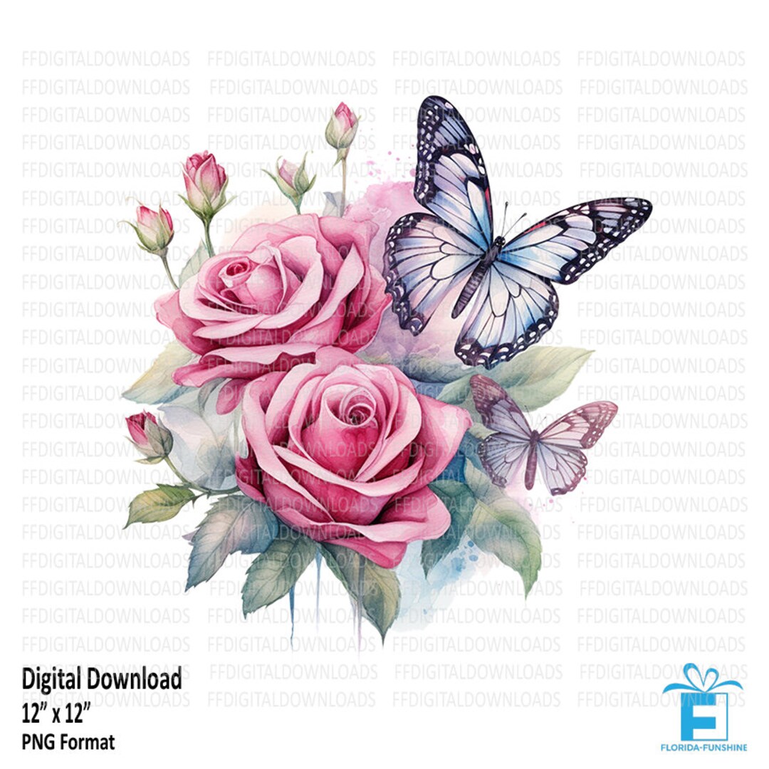 Rose With Butterfly Clipart, Rose With Butterfly Png, Watercolor Rose ...