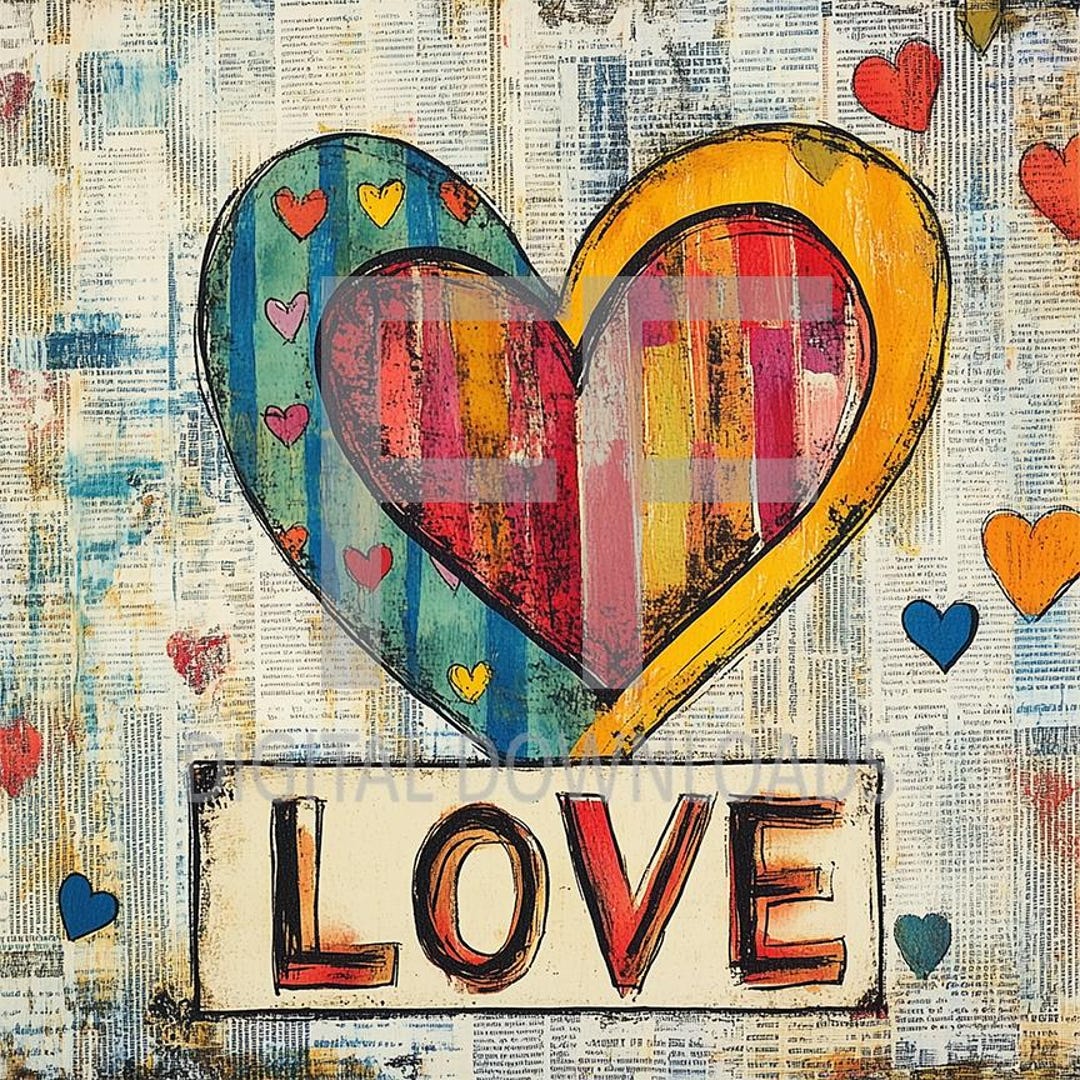 Love PNG, Heart Mixed Media Collage Digital Artwork, Printable Digital ...