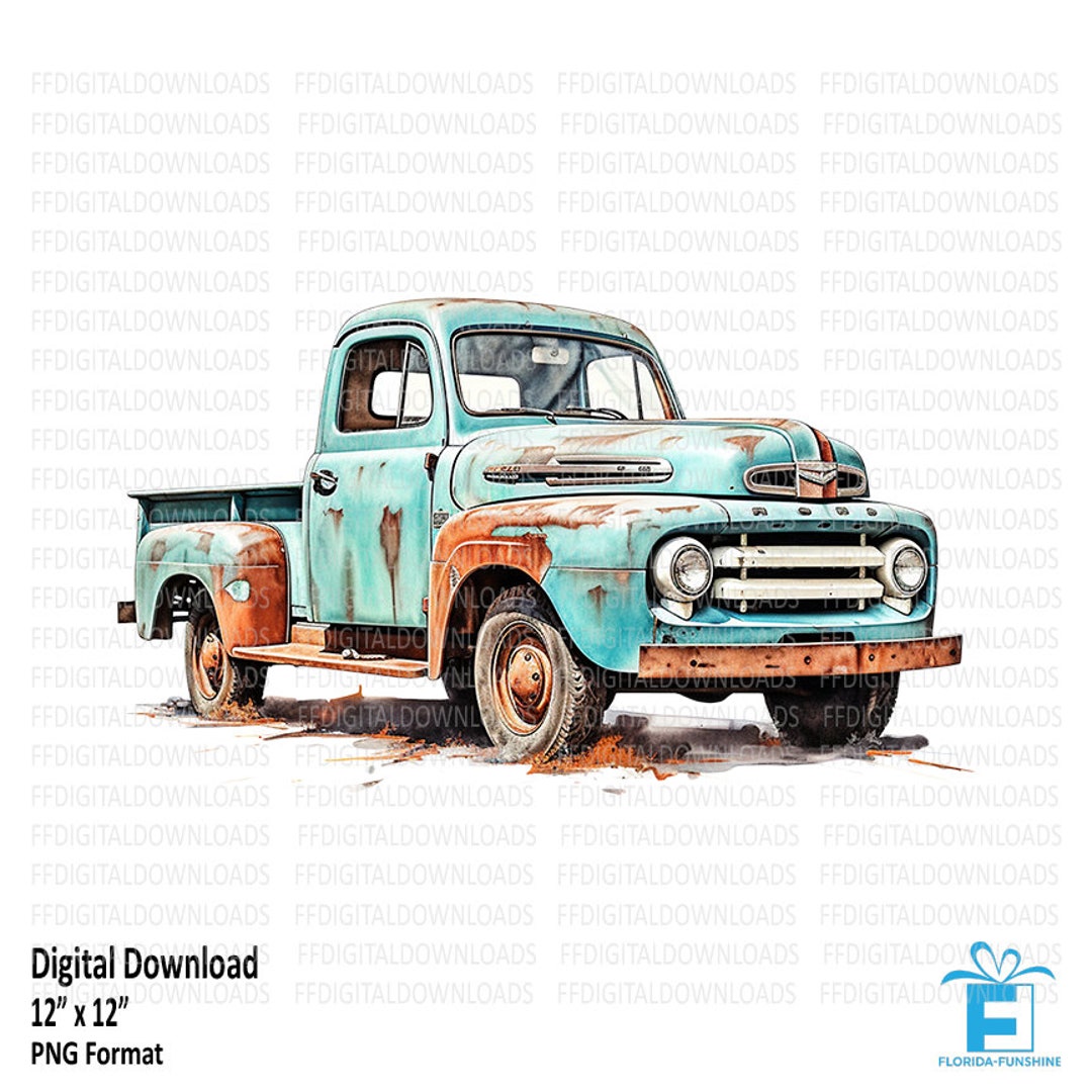 Blue Vintage Pickup Truck Clipart, Rustic Pickup Truck PNG, Watercolor ...