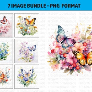 Butterfly and Flowers Clipart Bundle, 7 High-quality Watercolor ...