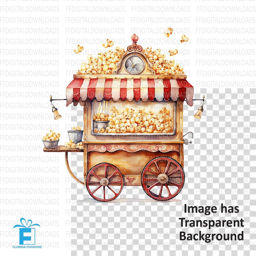 Popcorn Cart Clipart Popcorn Cart PNG Watercolor Popcorn - Etsy