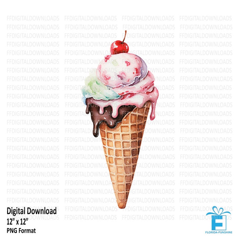 Ice Cream Cone Clipart Ice Cream Cone Png Watercolor Ice - Etsy