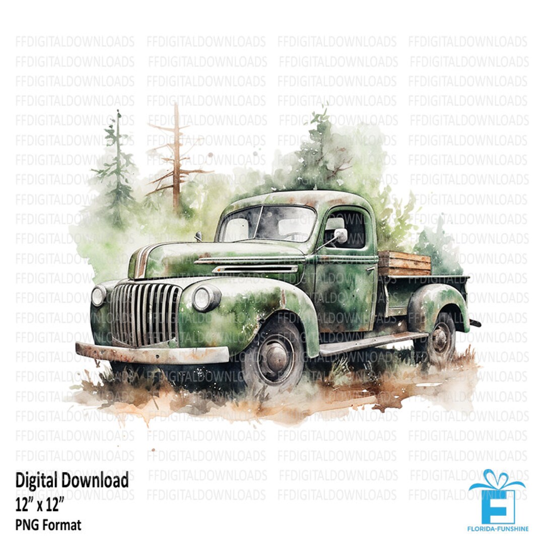 Green Vintage Pickup Truck Clipart, Rustic Pickup Truck PNG, Watercolor ...