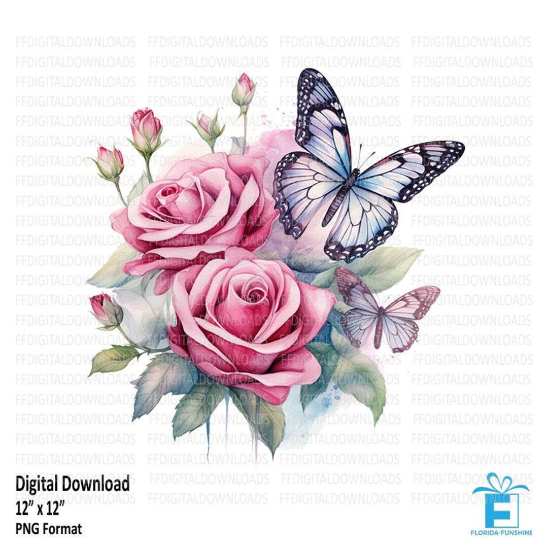 Rose With Butterfly Clipart, Rose With Butterfly Png, Watercolor Rose ...