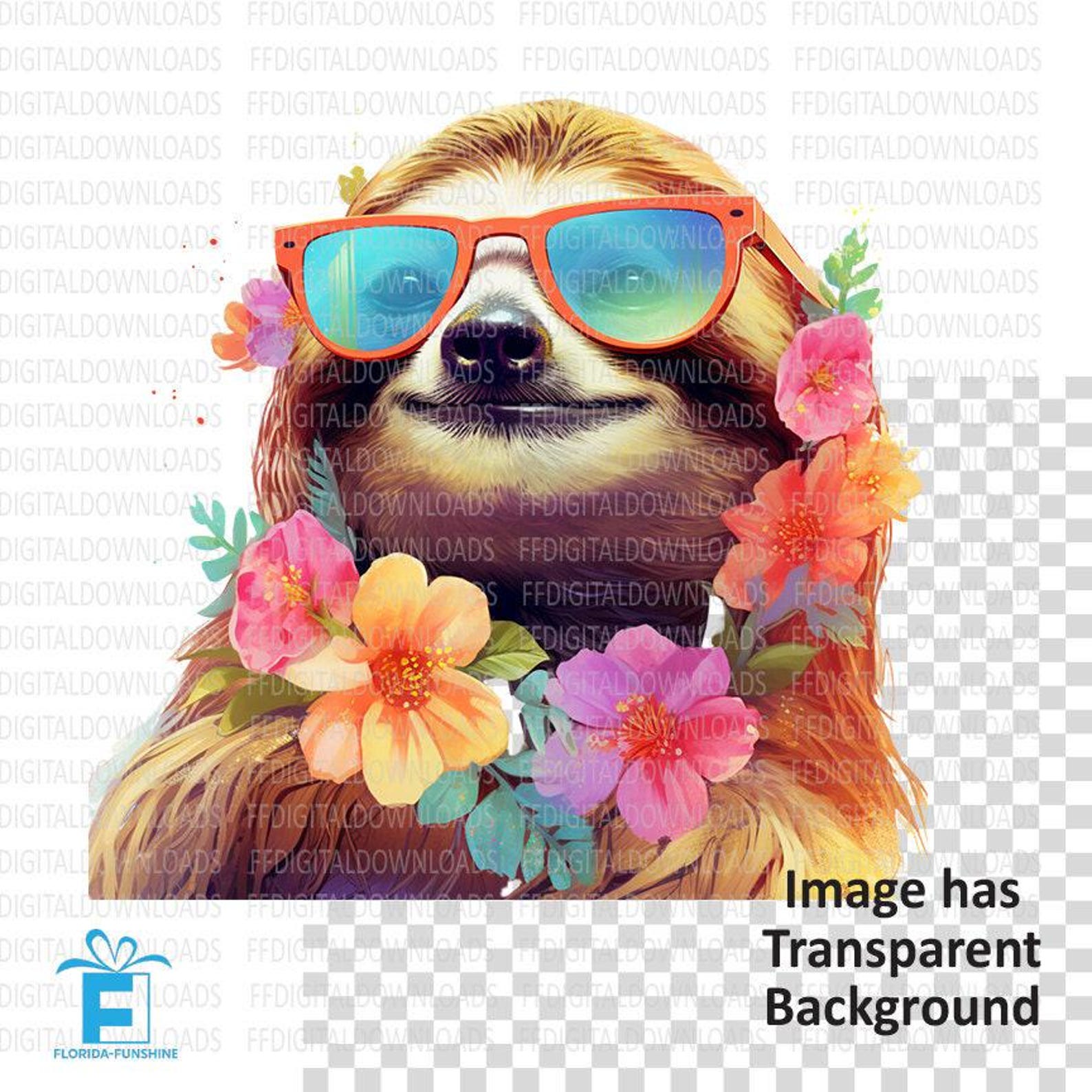 Hawaiian Sloth With Sunglasses and Lei, Sloth PNG, Sloth Clipart, Cute ...