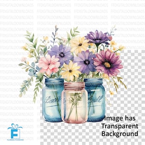Mason Jars PNG, Mason Jars With Flowers, Watercolor Floral Clipart ...