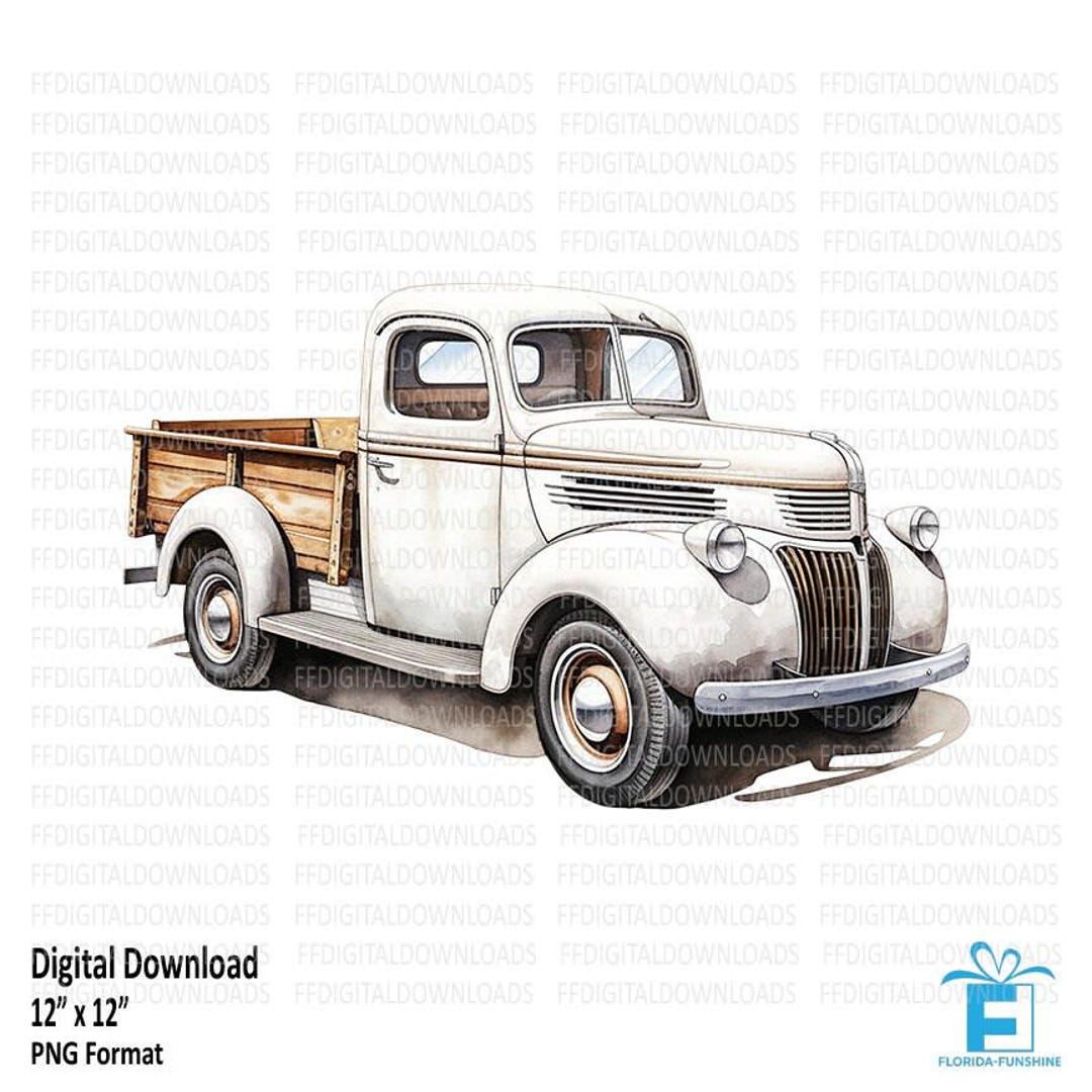 White Vintage Pickup Truck Clipart, Rustic Pickup Truck PNG, Watercolor ...