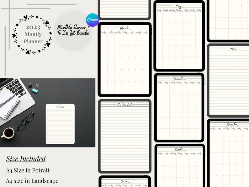 Vintage 2023 Monthly Digital Planner A4 Size in PDF Printable Calendar ...