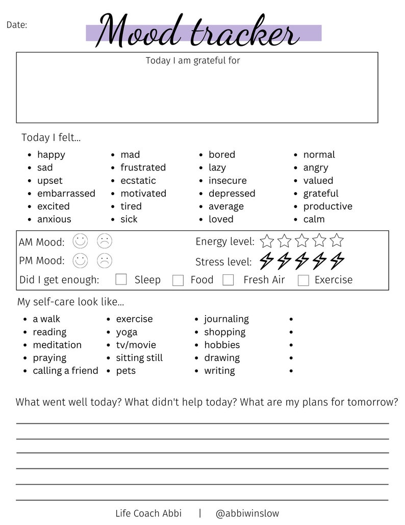 Daily Mood Tracker Printable: Therapy Journal Worksheets (PDF Download ...