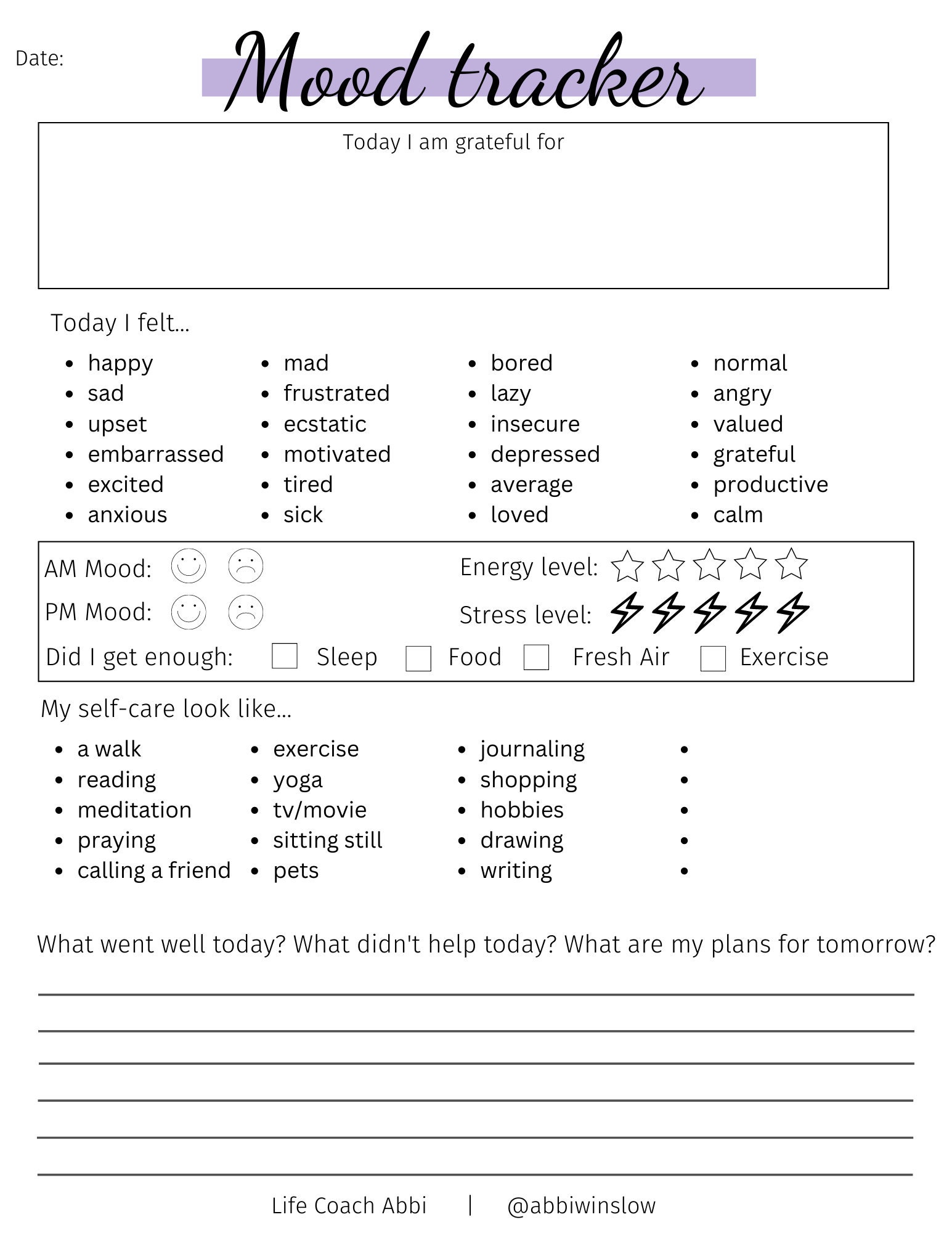 Daily Mood Tracker Journal Printable Therapy Worksheets 4 Colors School ...