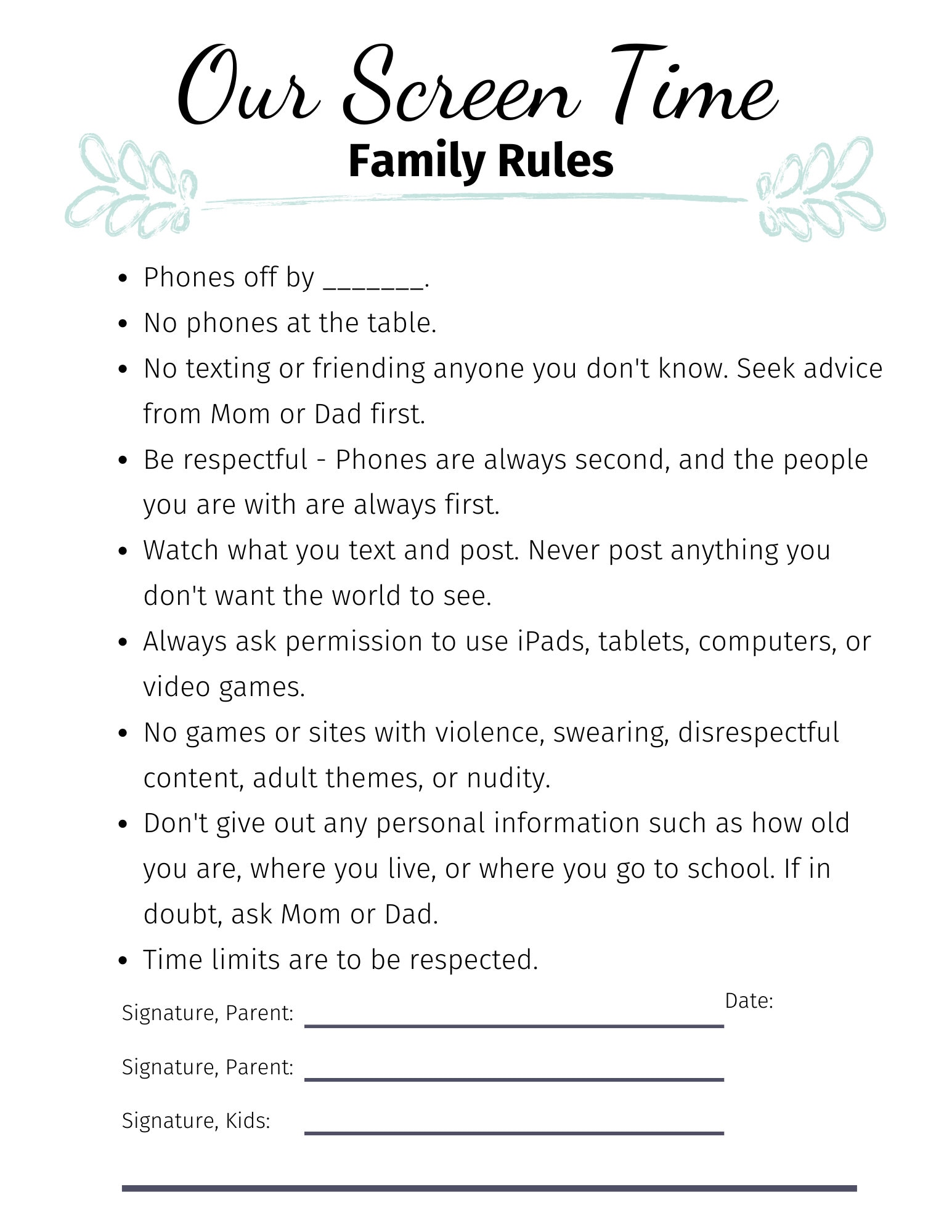 Family Screen Time Rules Contract Template (PDF) - Etsy
