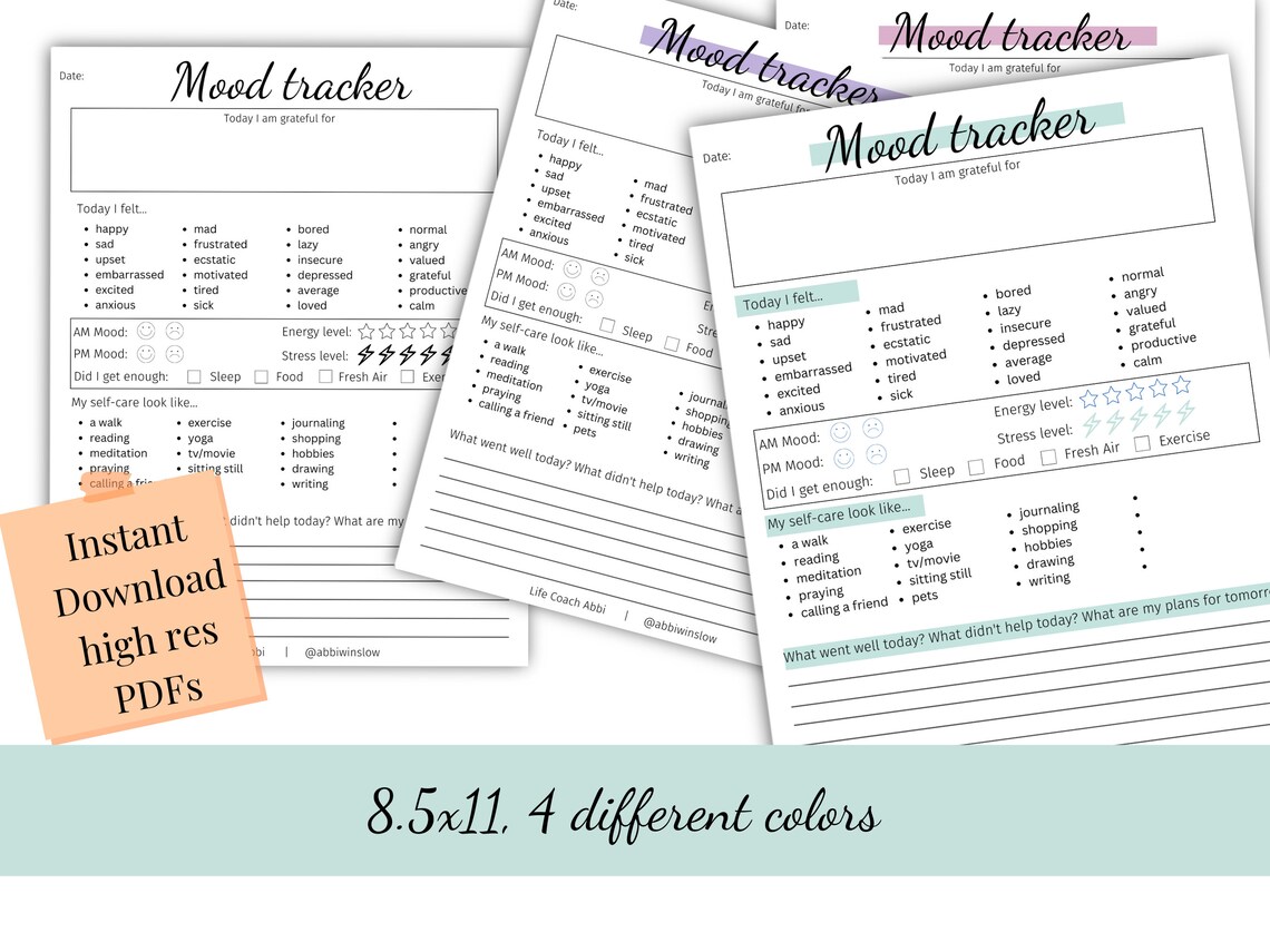 Daily Mood Tracker Journal Printable Therapy Worksheets 4 Colors School ...