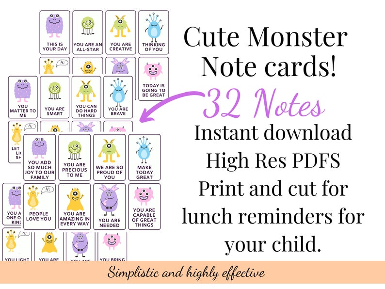 Monster Lunch Box Notes for Kids: 32 Printable Affirmation Cards ...
