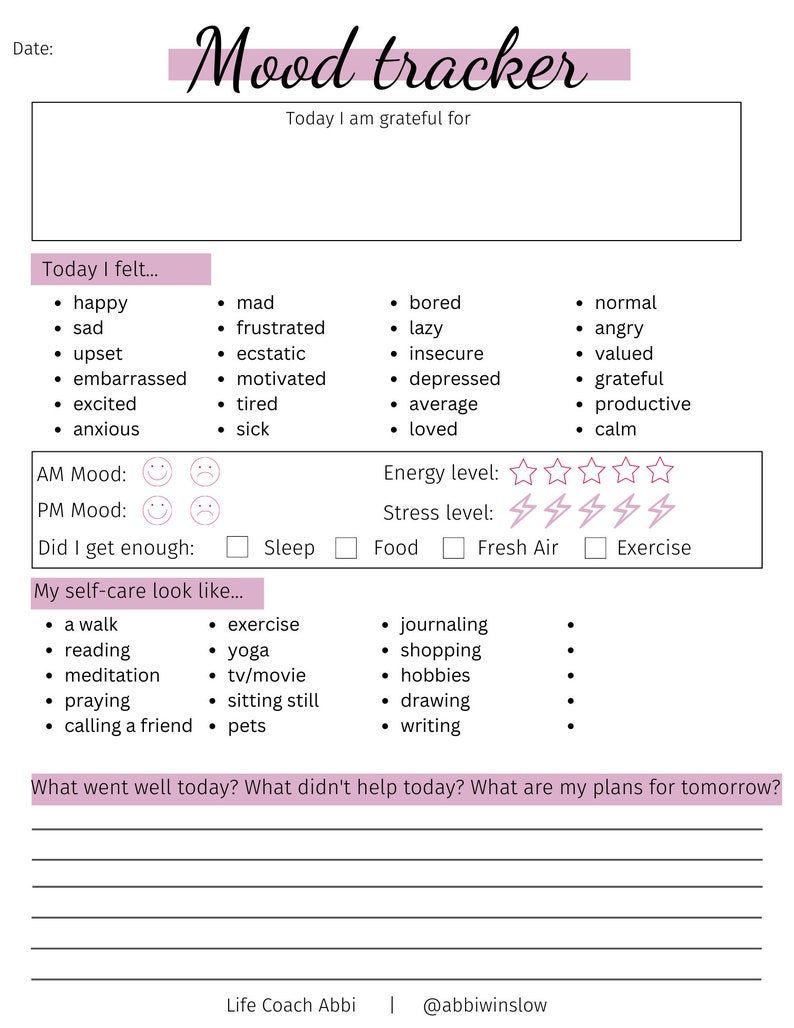Daily Mood Tracker Printable: Therapy Journal Worksheets (PDF Download ...