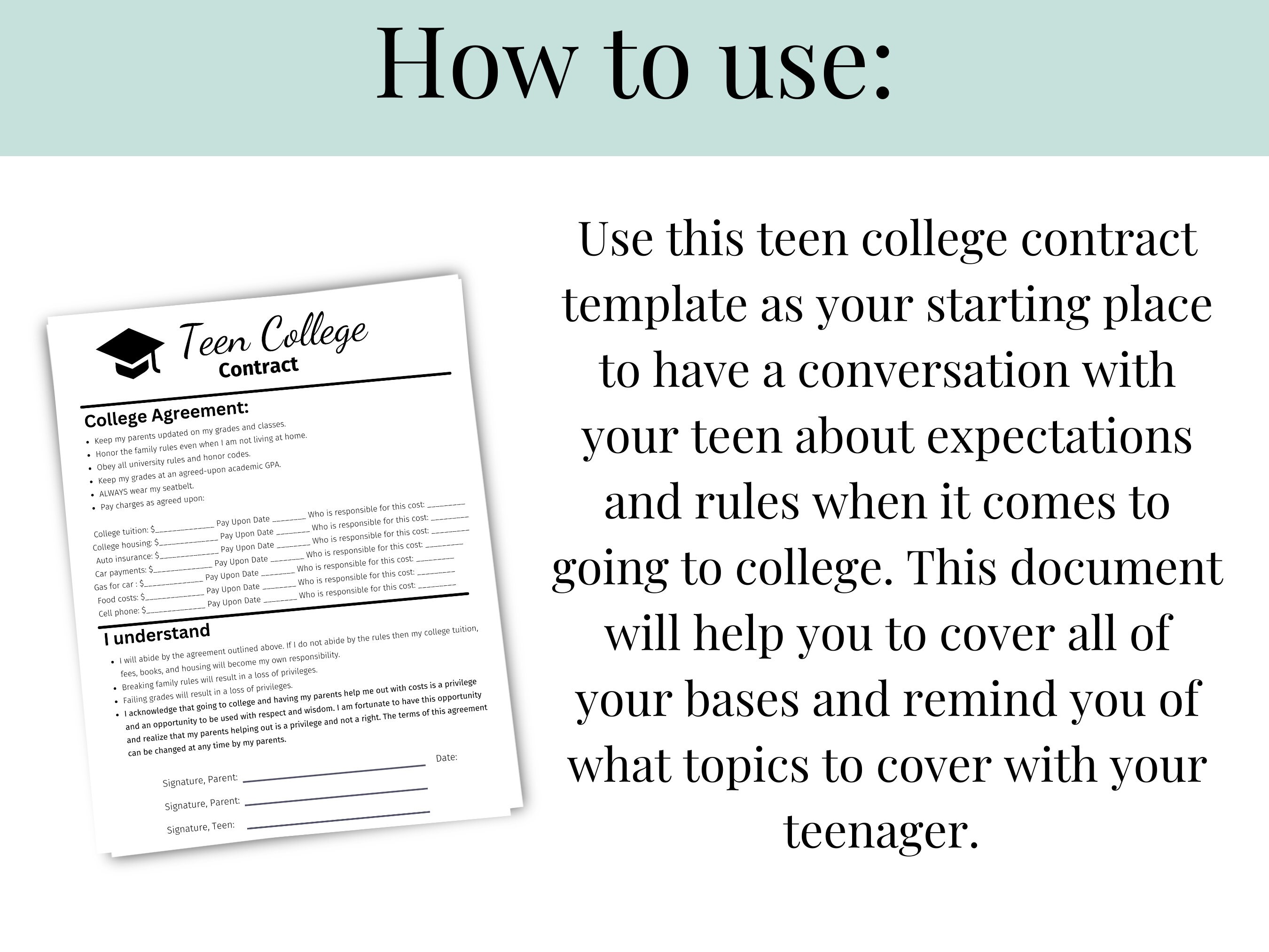 Teen College Contract Template Digital Download College Contract Pdf ...