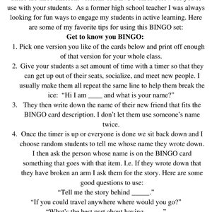 High School Back to School BINGO Cards Printable Get to Know You ...