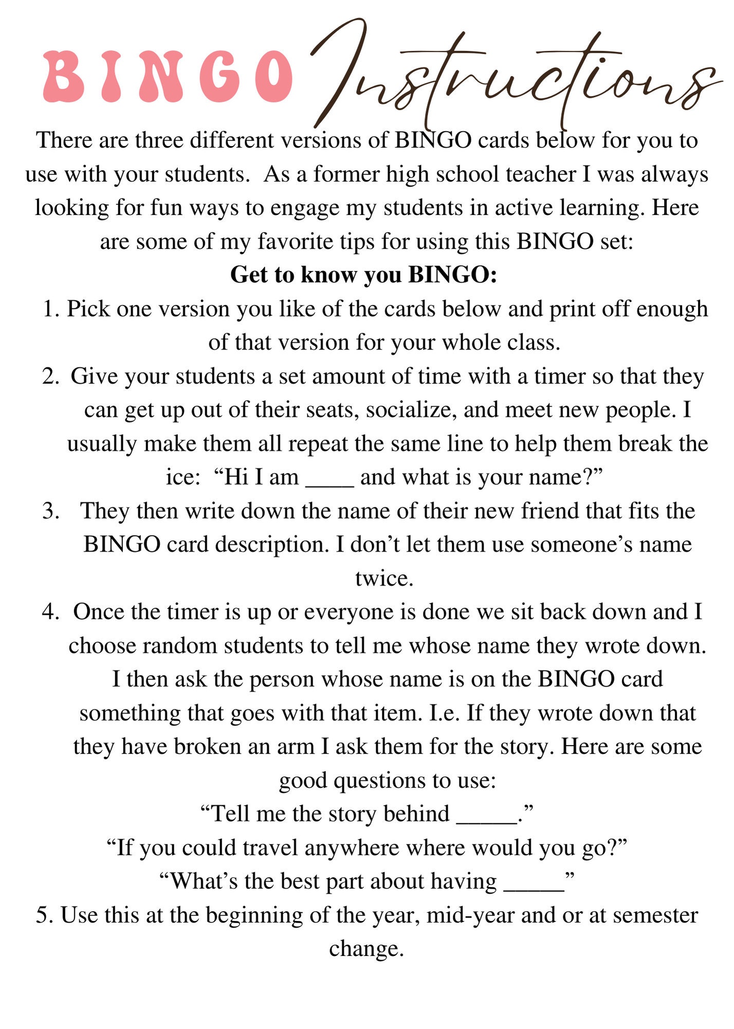 High School Back to School BINGO Cards Printable Get to Know You ...
