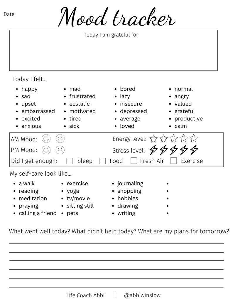 Daily Mood Tracker Journal Printable Therapy Worksheets 4 Colors School ...