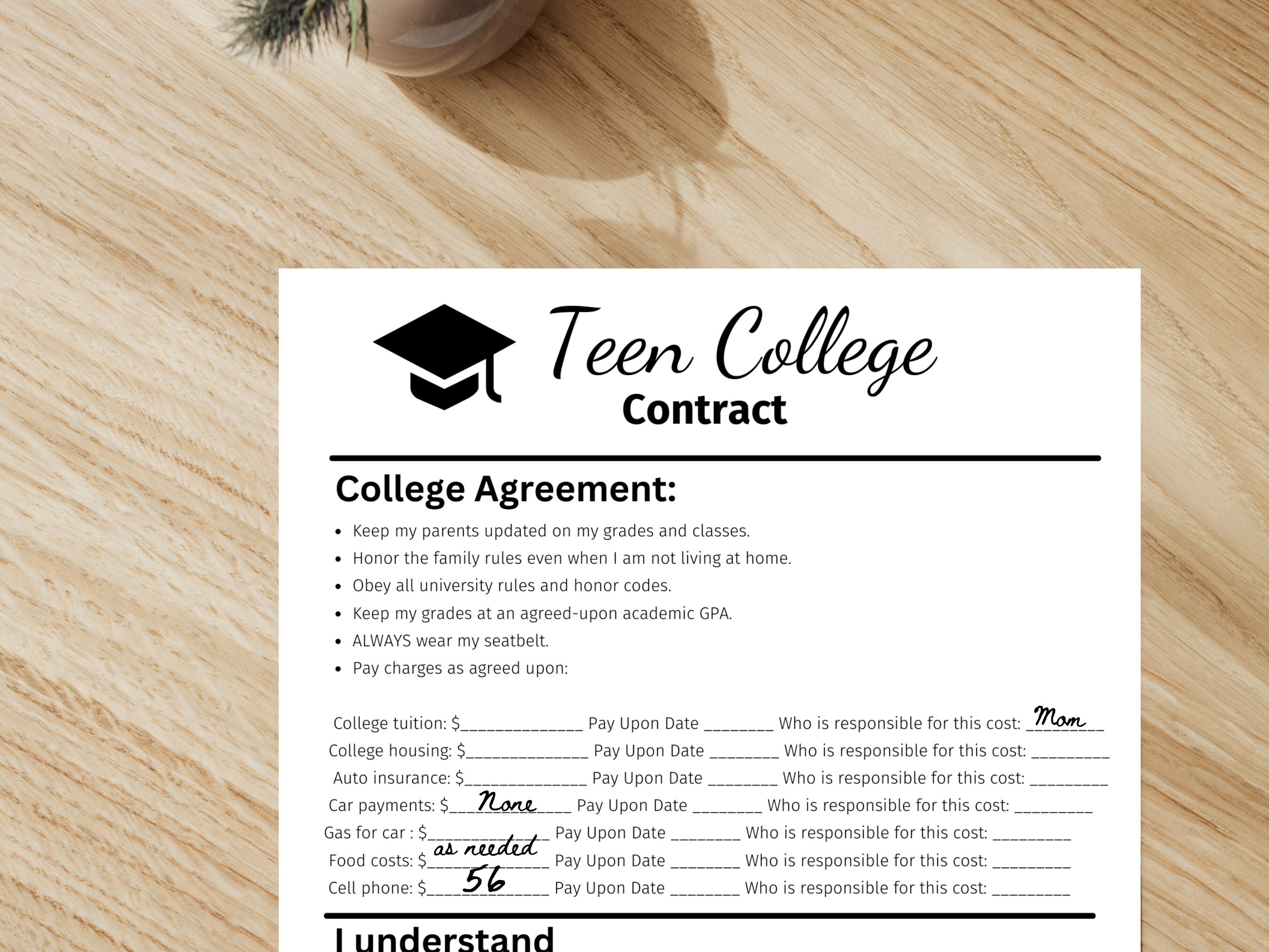Teen College Contract Template Digital Download College Contract Pdf ...