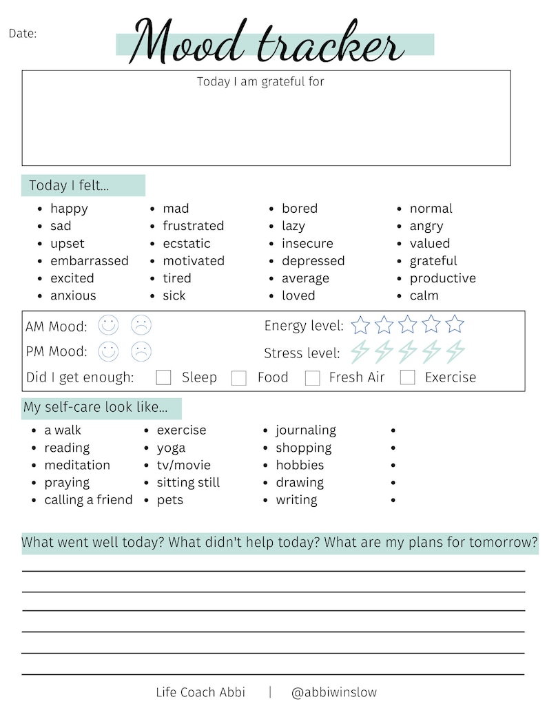 Daily Mood Tracker Journal Printable Therapy Worksheets 4 Colors School ...