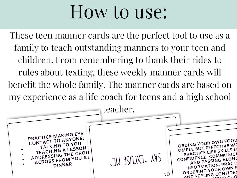 Teen Etiquette Cards: 52-week Family Manners (printable PDF) - Etsy