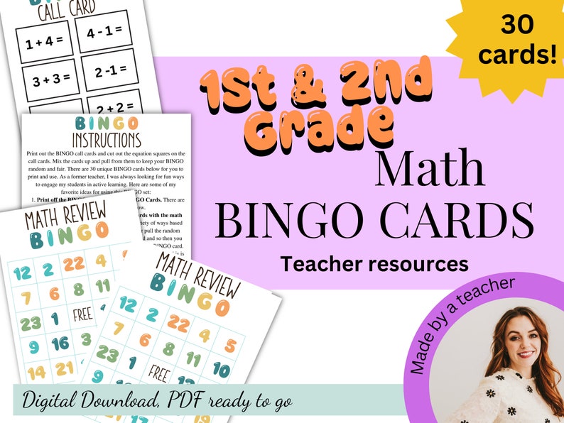Math BINGO Cards Printables School Party Game 1st Grade Math Bingo ...