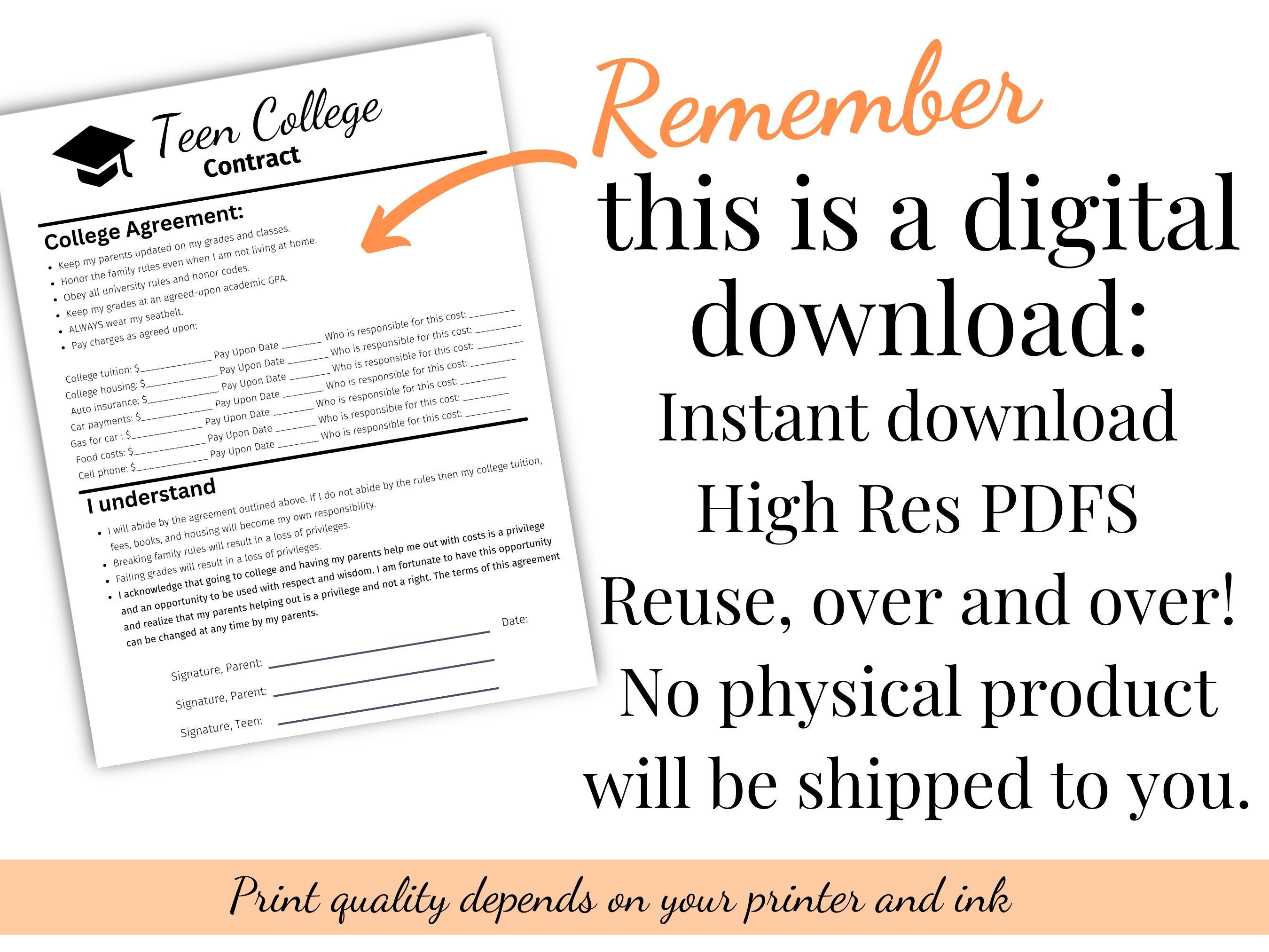 Teen College Contract Template Digital Download College Contract Pdf ...