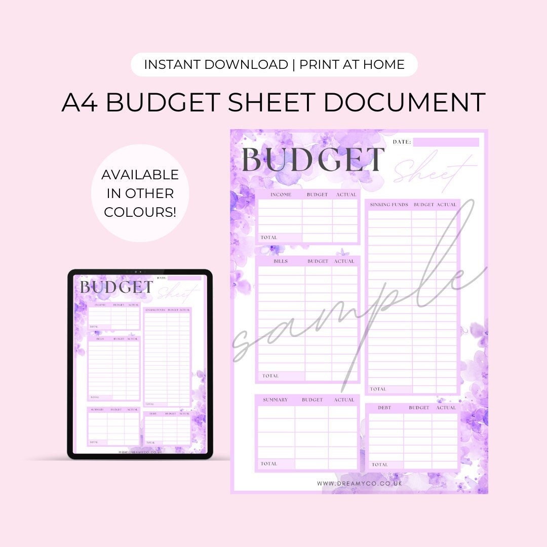 A4 Purple Budget Sheet | Digital Download - Print at Home | Budgeting ...