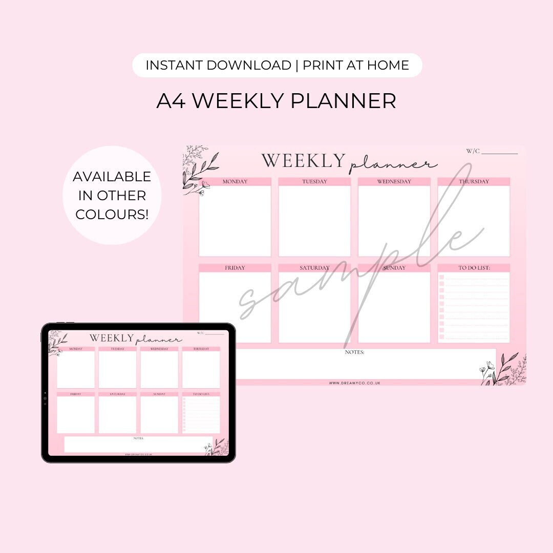 A4 Pink Weekly Planner | Digital Download - Print at Home | Stationery ...