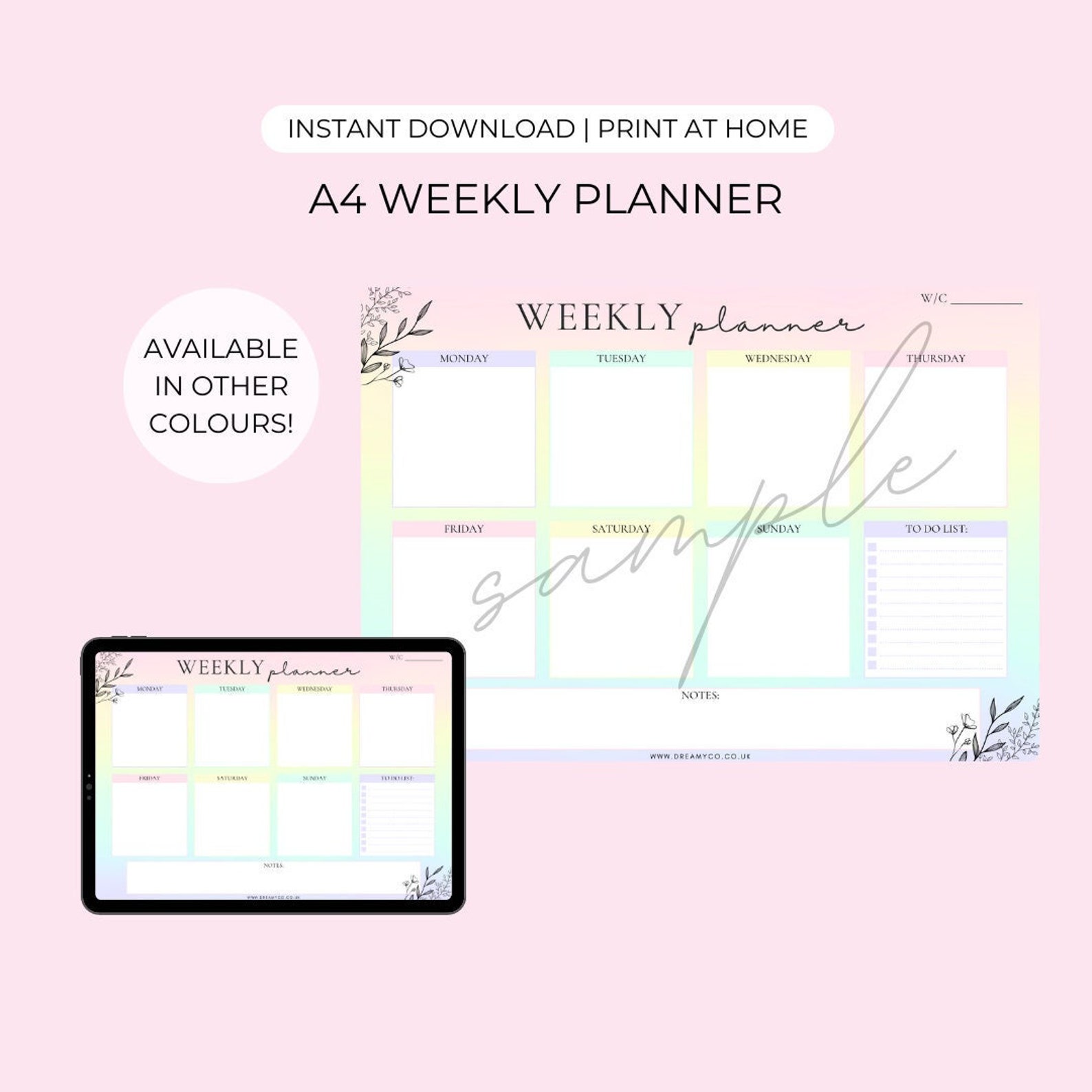 A4 Rainbow Weekly Planner | Digital Download - Print at Home ...